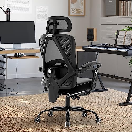 Ergonomic Office Chair, Reclining High Back Mesh Chair with Lumbar Support PU Leather Home Task Desk Chair with Headrest and Footrest Computer Executive Desk Chair with Padded Armrests,Black