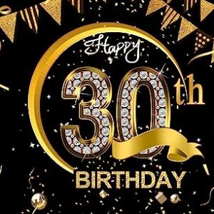 Happy 30th Birthday Banner for Men/Women, Black Gold 30th Birthday Decorations, 30th Birthday Poster Sign, 30th Birthday Party Photo Booth Props (70.8in x 43.3in)