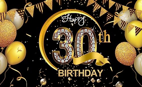 Happy 30th Birthday Banner for Men/Women, Black Gold 30th Birthday Decorations, 30th Birthday Poster Sign, 30th Birthday Party Photo Booth Props (70.8in x 43.3in)