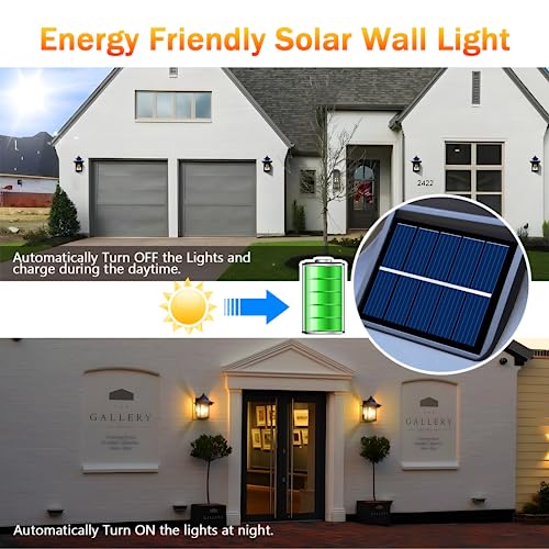 Solar Wall Lantern, Wirelss Motion Sensor Solar Light, IP65 Waterproof & 3 Modes with Solar Powered Wall Lights, Dusk to Dawn Exterior Solar Porch Lights for Patio, Garden, Camping (2 Pack)