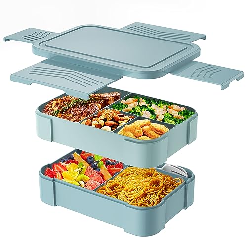 Lunch Bento Box for Kids, Stackable Bento Lunch Containers for Adults 50oz Leakproof Lunchbox with 7 Compartments Built-in Utensil Set for Kids Back to School,On-the-Go Meal and Snack Packing-Blue