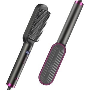 hair straightener brush-negative ion hair straightener styling comb, 9 temps 30s fast heat straightening brush with hot comb&led display, straightening comb for women curl, auto off&anti scald-gray