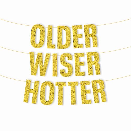 Older Wiser Hotter Glitter Banner,Gold Glitter Fun Birthday Party Decorations Happy Birthday Party Supplies for 30th 40th 50h 60th 70th 80th Birthday Party Decorations