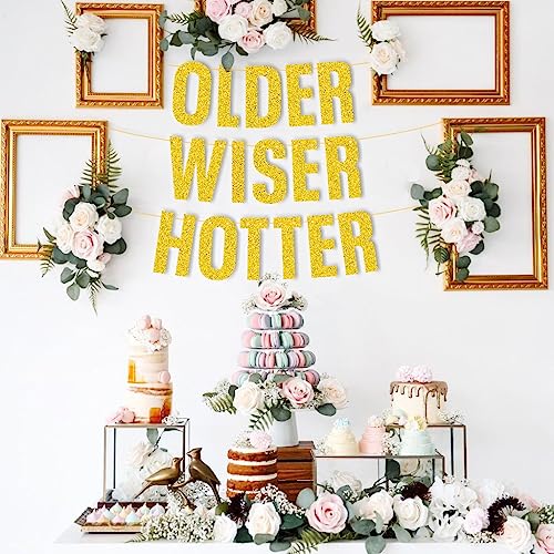 Older Wiser Hotter Glitter Banner,Gold Glitter Fun Birthday Party Decorations Happy Birthday Party Supplies for 30th 40th 50h 60th 70th 80th Birthday Party Decorations