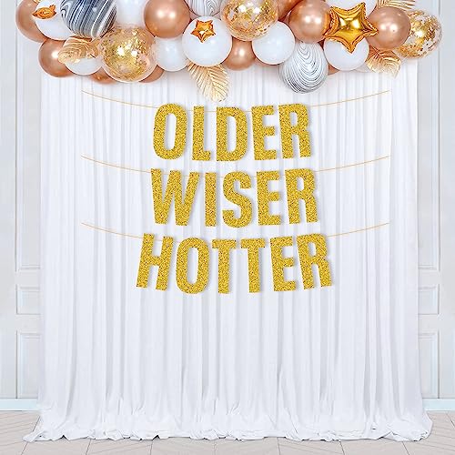 Older Wiser Hotter Glitter Banner,Gold Glitter Fun Birthday Party Decorations Happy Birthday Party Supplies for 30th 40th 50h 60th 70th 80th Birthday Party Decorations