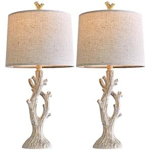 OYEARS 26.25" Farmhouse Table Lamp Set of 2 for Living Room Bedroom Resin Bedside Tree Lamp Nightstand End Table Lamps Vintage Natural Style（Brown）