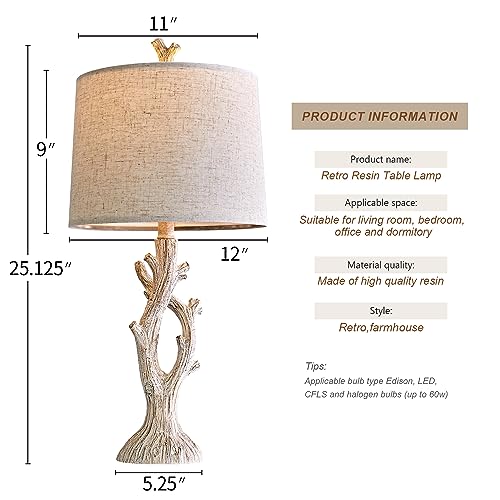 OYEARS 26.25" Farmhouse Table Lamp Set of 2 for Living Room Bedroom Resin Bedside Tree Lamp Nightstand End Table Lamps Vintage Natural Style（Brown）