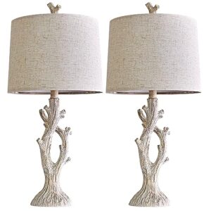 OYEARS 26.25" Farmhouse Table Lamp Set of 2 for Living Room Bedroom Resin Bedside Tree Lamp Nightstand End Table Lamps Vintage Natural Style（Brown）