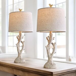 OYEARS 26.25" Farmhouse Table Lamp Set of 2 for Living Room Bedroom Resin Bedside Tree Lamp Nightstand End Table Lamps Vintage Natural Style（Brown）