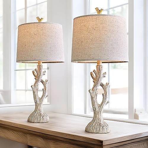 OYEARS 26.25" Farmhouse Table Lamp Set of 2 for Living Room Bedroom Resin Bedside Tree Lamp Nightstand End Table Lamps Vintage Natural Style（Brown）