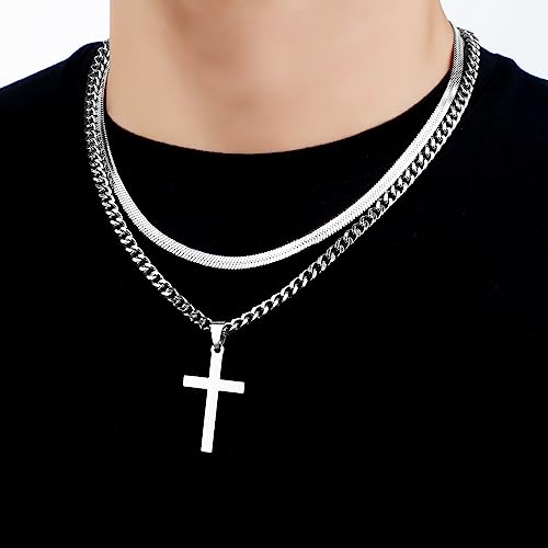 RUOOUY Layered Cross Necklace for Men Boys Stainless Steel Layered Snake Chain Cuban Link Chain 16-24 inch Christian Cross Pendant Religious Jewelry Gifts(S-18-20)