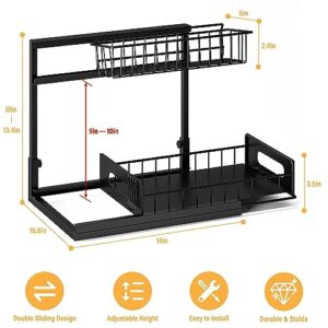 Pennik Under Sink Organizer 2 Tier, Double Layers pullable Under Kitchen Sink organizer, L Shaped Slide Out Under Cabinet Storage