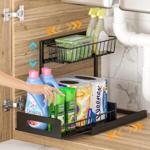 pennik under sink organizer 2 tier, double layers pullable under kitchen sink organizer, l shaped slide out under cabinet storage