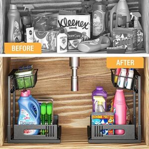 Pennik Under Sink Organizer 2 Tier, Double Layers pullable Under Kitchen Sink organizer, L Shaped Slide Out Under Cabinet Storage