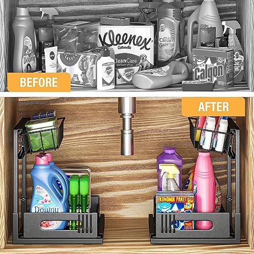 Pennik Under Sink Organizer 2 Tier, Double Layers pullable Under Kitchen Sink organizer, L Shaped Slide Out Under Cabinet Storage