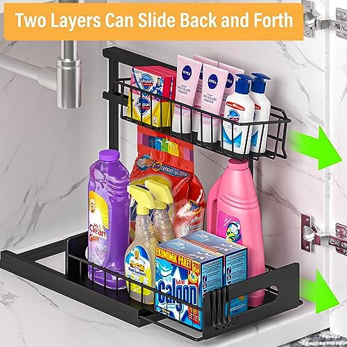 Pennik Under Sink Organizer 2 Tier, Double Layers pullable Under Kitchen Sink organizer, L Shaped Slide Out Under Cabinet Storage