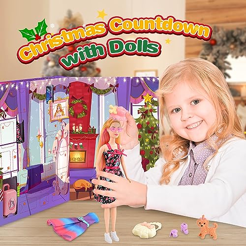 Luckades Advent Calendar-Girls Christmas Countdown Calendar with 24 Surprises Box Including 1 Doll 29 Pcs Doll Dresses,24 Days Countdown Calendar Christmas Gifts for Girls Aged 3-8