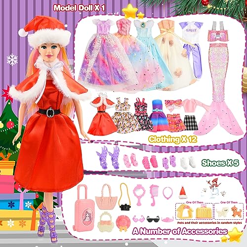 Luckades Advent Calendar-Girls Christmas Countdown Calendar with 24 Surprises Box Including 1 Doll 29 Pcs Doll Dresses,24 Days Countdown Calendar Christmas Gifts for Girls Aged 3-8