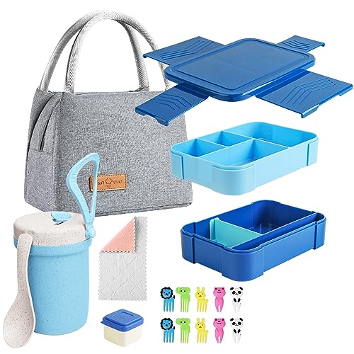 ZMYGOLON Bento Lunch Box for Kids,Lunch Bento Box Container Leak Proof for Kids Adults Teens School, Lunch Containers with 3 Compartments and Spoon,Fork (blue-sn)