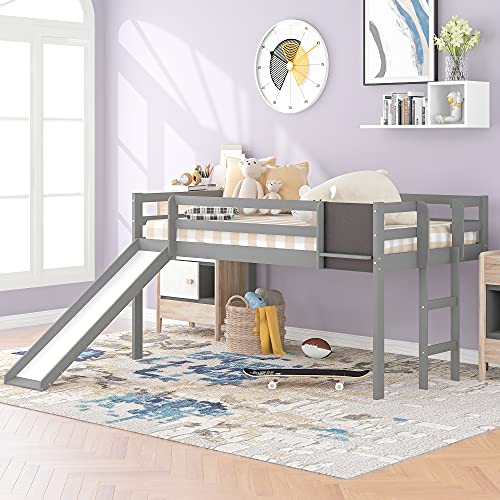 Eafurn Loft Bed with Slide, Kids Twin Loft Bed with Ladder, Low Loft Bed with Slide and Chalkboard, Solid Pine Wood Space Saving Kids Bed Frame for Boys, Girls