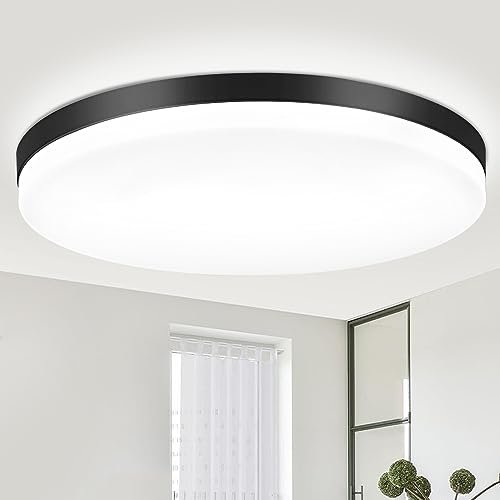 DLLT 24W Modern Dimmable Led Flush Mount Ceiling Light Fixture, 13 Inch Black Round Close to Ceiling Lights for Bedroom, Kitchen, Dining Room, Living Room 3000K-6000K 5 Light Color Adjustable