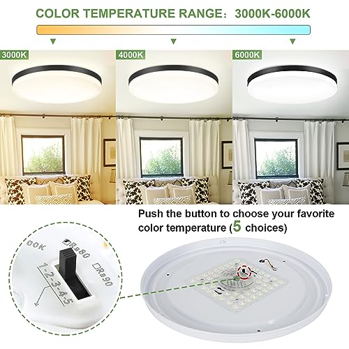 DLLT 24W Modern Dimmable Led Flush Mount Ceiling Light Fixture, 13 Inch Black Round Close to Ceiling Lights for Bedroom, Kitchen, Dining Room, Living Room 3000K-6000K 5 Light Color Adjustable