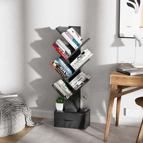 Egepon 6-Tier Tree Bookshelf with Drawer Black Book Shelf Storage Rack Floor Standing Bookcase for CDs Movies Books Multifunctional Organizer Shelves for Home Office Living Room Bedroom