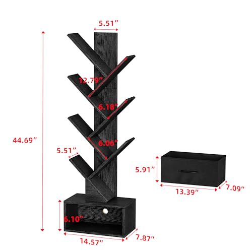 Egepon 6-Tier Tree Bookshelf with Drawer Black Book Shelf Storage Rack Floor Standing Bookcase for CDs Movies Books Multifunctional Organizer Shelves for Home Office Living Room Bedroom