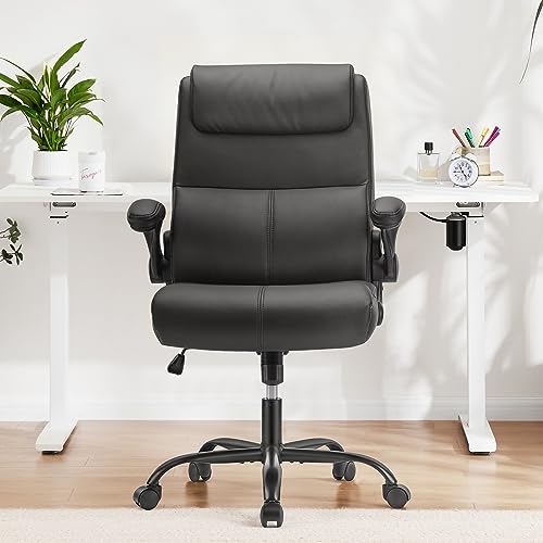 OLIXIS Home Office Desk Chair with Flip-up Armrest and Ergonomic PU Leather Mid Back Lumbar Support 360° Swivel Wheels for Adult, Black