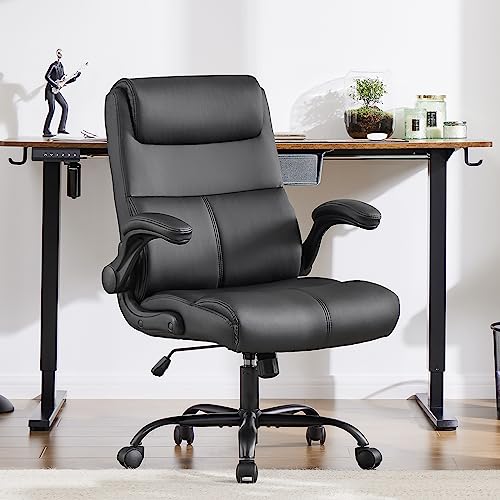 OLIXIS Home Office Desk Chair with Flip-up Armrest and Ergonomic PU Leather Mid Back Lumbar Support 360° Swivel Wheels for Adult, Black