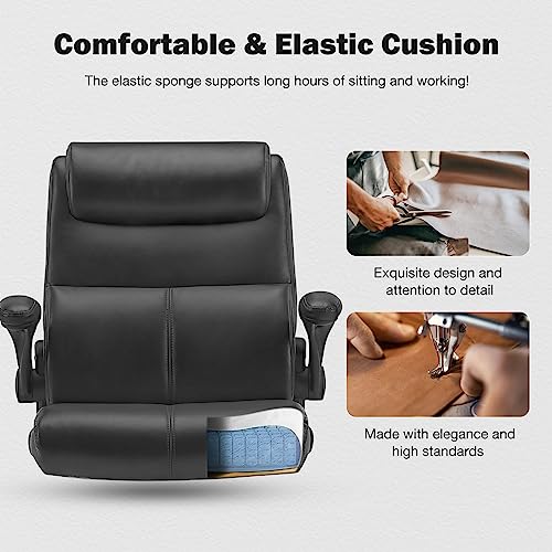 OLIXIS Home Office Desk Chair with Flip-up Armrest and Ergonomic PU Leather Mid Back Lumbar Support 360° Swivel Wheels for Adult, Black