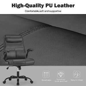 OLIXIS Home Office Desk Chair with Flip-up Armrest and Ergonomic PU Leather Mid Back Lumbar Support 360° Swivel Wheels for Adult, Black