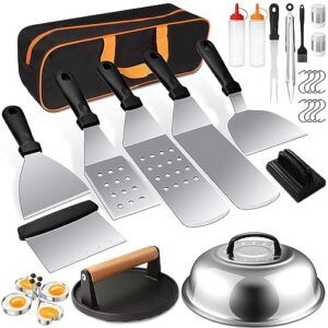 griddle accessories kit, terlulu 29 pcs flat top grill accessories for blackstone and camp chef, metal spatula set with burger press, melting dome, scraper, tongs, carry bag for outdoor grilling bbq