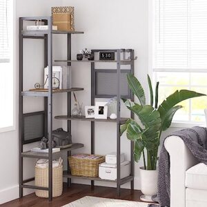 anivia 6-tier asymmetrical open storage shelves corner bookshelf ajustable wood bookcase open shelf with metal frame storage organizer for home office, oak and black