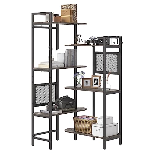 Anivia 6-Tier Asymmetrical Open Storage Shelves Corner Bookshelf Ajustable Wood Bookcase Open Shelf with Metal Frame Storage Organizer for Home Office, Oak and Black