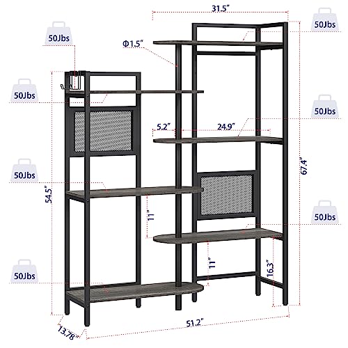 Anivia 6-Tier Asymmetrical Open Storage Shelves Corner Bookshelf Ajustable Wood Bookcase Open Shelf with Metal Frame Storage Organizer for Home Office, Oak and Black