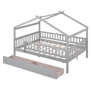 Merax Full Size Wooden House Bed with Two Drawers, Wood Bed Frame with Roof and Safety Guardrail for Kids, Teens, Boys or Girls, Gray