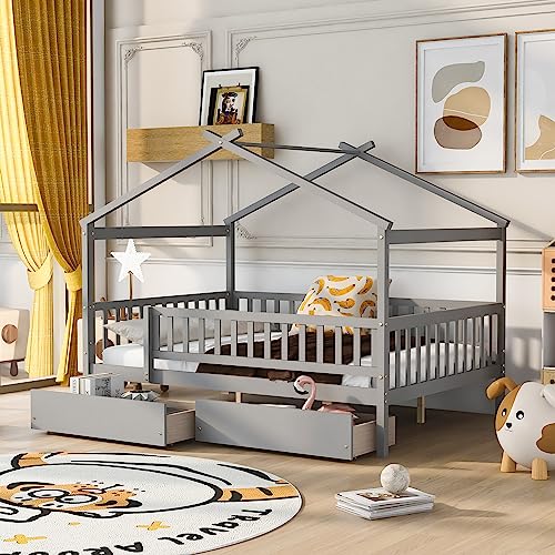 Merax Full Size Wooden House Bed with Two Drawers, Wood Bed Frame with Roof and Safety Guardrail for Kids, Teens, Boys or Girls, Gray