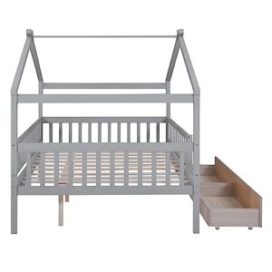 Merax Full Size Wooden House Bed with Two Drawers, Wood Bed Frame with Roof and Safety Guardrail for Kids, Teens, Boys or Girls, Gray