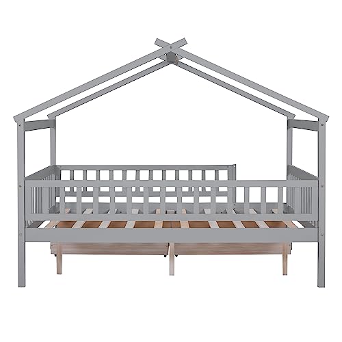 Merax Full Size Wooden House Bed with Two Drawers, Wood Bed Frame with Roof and Safety Guardrail for Kids, Teens, Boys or Girls, Gray