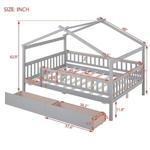 Merax Full Size Wooden House Bed with Two Drawers, Wood Bed Frame with Roof and Safety Guardrail for Kids, Teens, Boys or Girls, Gray