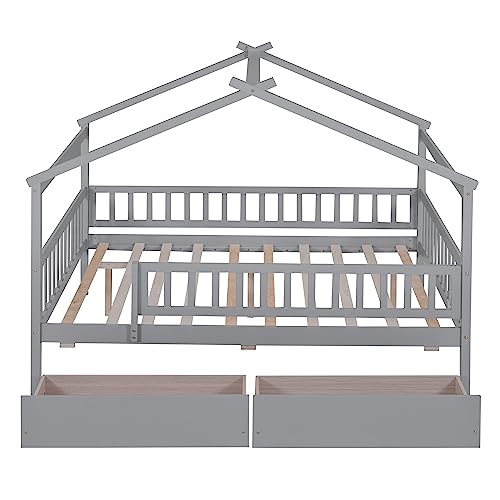 Merax Full Size Wooden House Bed with Two Drawers, Wood Bed Frame with Roof and Safety Guardrail for Kids, Teens, Boys or Girls, Gray