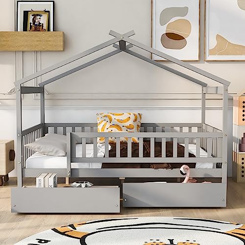 Merax Full Size Wooden House Bed with Two Drawers, Wood Bed Frame with Roof and Safety Guardrail for Kids, Teens, Boys or Girls, Gray