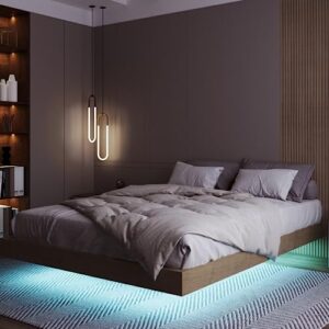 HomeModrn Floatzy Floating RGB Led Platform Bed Frame – Solid Wood with Mattress Foundation – No Box Spring Needed, Easy Assembly, Heavy Duty, No-Slip Bed Foundation (California King, Golden Pecan)