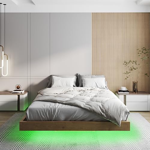 HomeModrn Floatzy Floating RGB Led Platform Bed Frame – Solid Wood with Mattress Foundation – No Box Spring Needed, Easy Assembly, Heavy Duty, No-Slip Bed Foundation (California King, Golden Pecan)