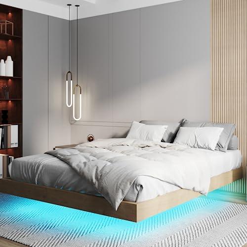 HomeModrn Floatzy Floating RGB Led Platform Bed Frame – Solid Wood with Mattress Foundation – No Box Spring Needed, Easy Assembly, Heavy Duty, No-Slip Bed Foundation (California King, Golden Pecan)