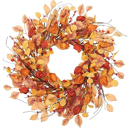 VGIA 18 Inch Fall Wreath Fall Leaves Wreath Autumn Wreath for Front Door Artificial Autumn Wreath with Cape Gooseberries and Berries Fall Decorations with Fall Plants for Home Wall and Window