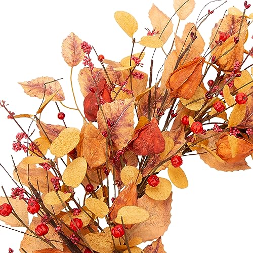 VGIA 18 Inch Fall Wreath Fall Leaves Wreath Autumn Wreath for Front Door Artificial Autumn Wreath with Cape Gooseberries and Berries Fall Decorations with Fall Plants for Home Wall and Window