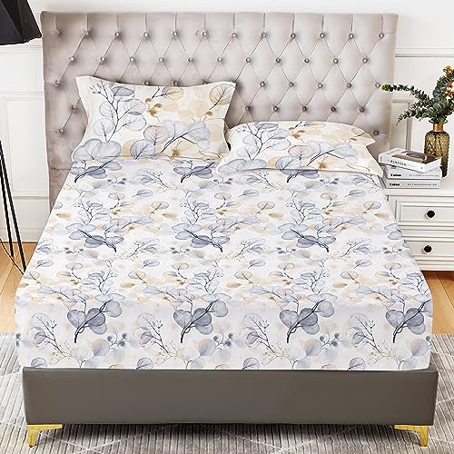 YIYEA Queen Fitted Sheet with Pillowcase - Plant Print - Premium 1800 Thread Count Brushed Microfiber Queen Size Fitted Sheet - 16" Deep Pocket, Ultra Soft, Shrinkage and Fade Resistant (Queen)