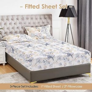 YIYEA Queen Fitted Sheet with Pillowcase - Plant Print - Premium 1800 Thread Count Brushed Microfiber Queen Size Fitted Sheet - 16" Deep Pocket, Ultra Soft, Shrinkage and Fade Resistant (Queen)